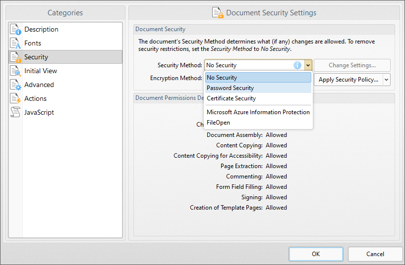 PDF-XChange Co Ltd :: Knowledge Base :: How do I Manage password security options in PDF-XChange